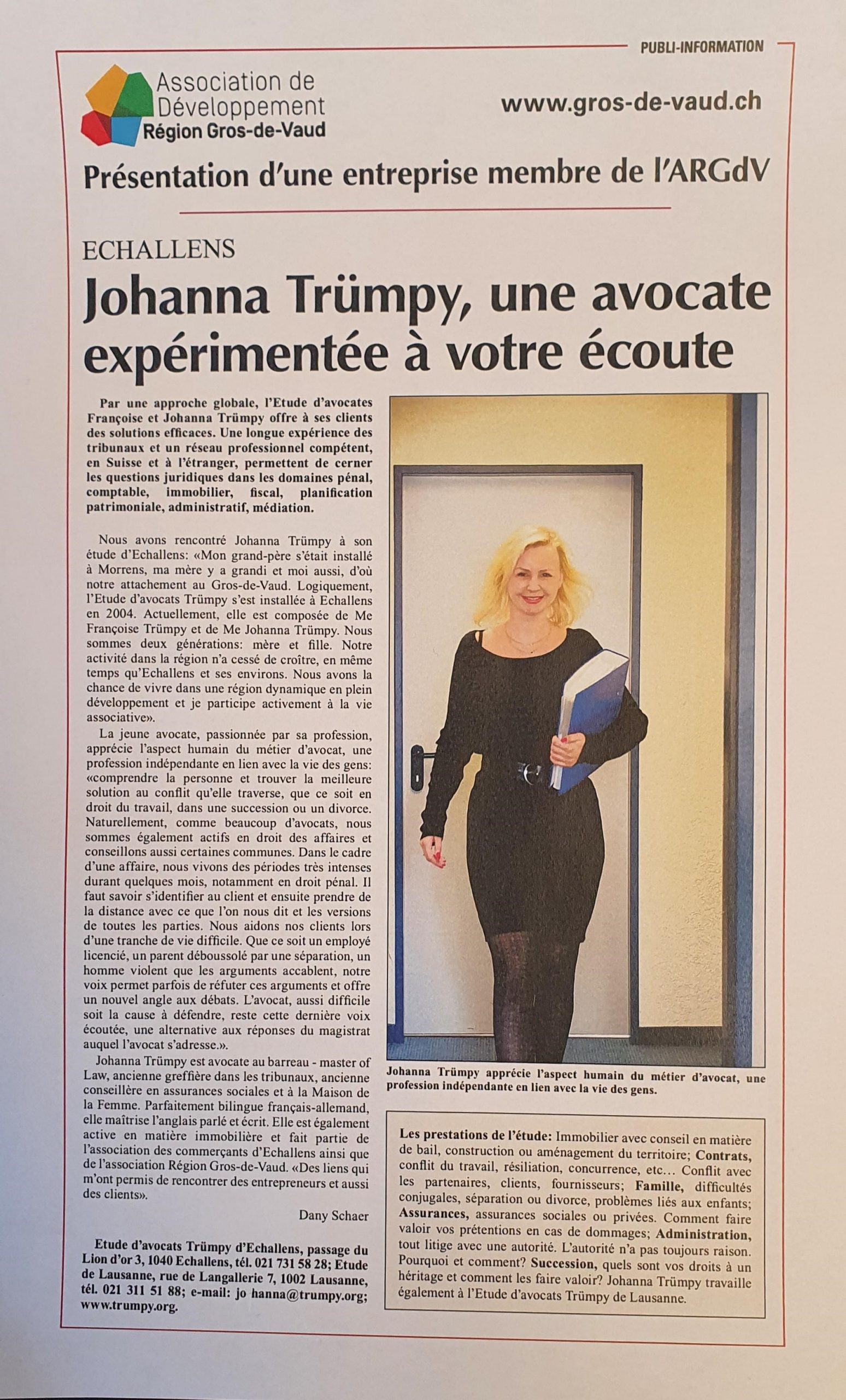 Article paru dans l’Echo du Gros-de-Vaud, étude Trümpy à Echallens, en ...